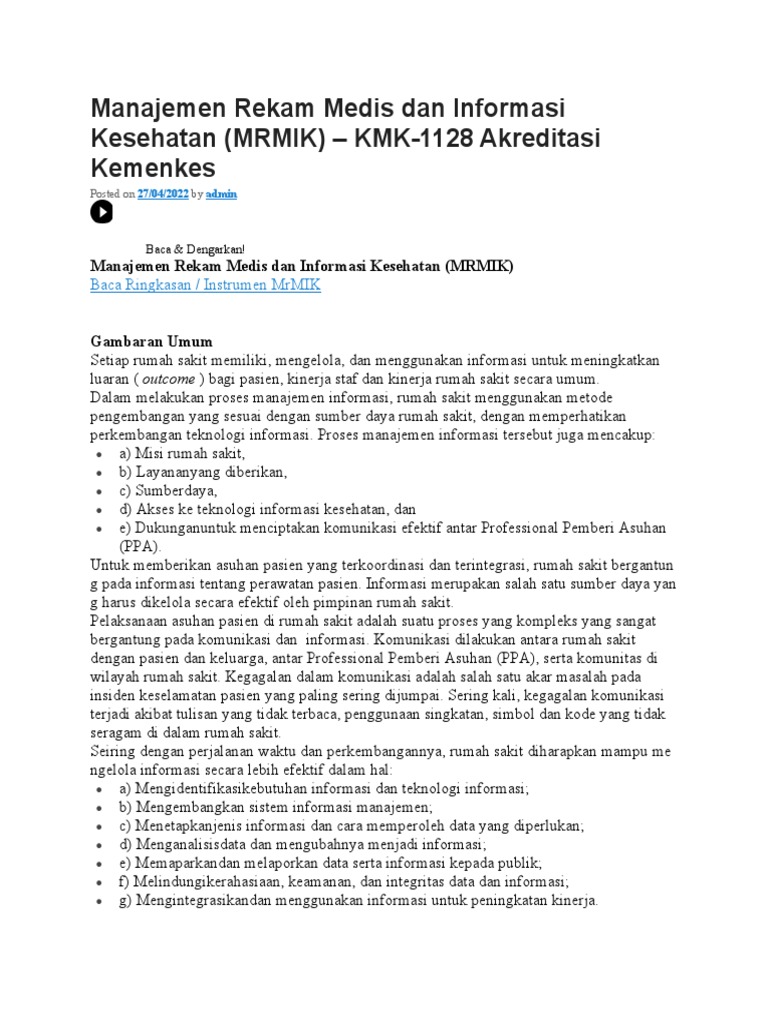 Manajemen Rekam Medis Dan Informasi Kesehatan Mrmik | PDF