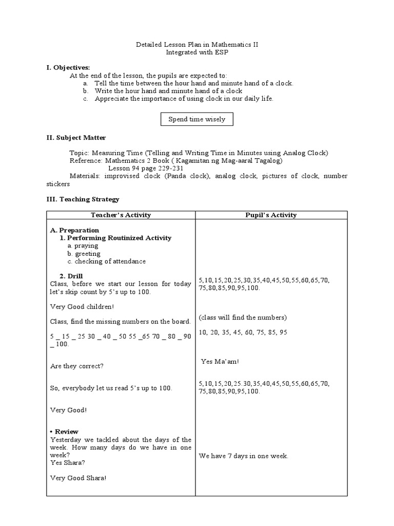 Detailed Lesson Plan in Mathematics II Final | PDF | Clock | Lesson Plan