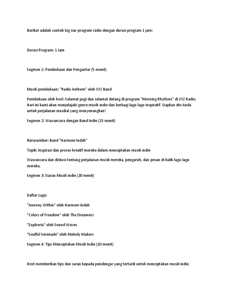 Contoh Log Siar Program Radio Dengan Durasi Program 1 Jam | PDF | Seni