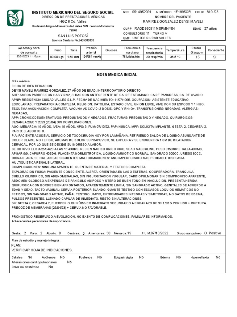 Nota Medica Inicial Gineco | PDF