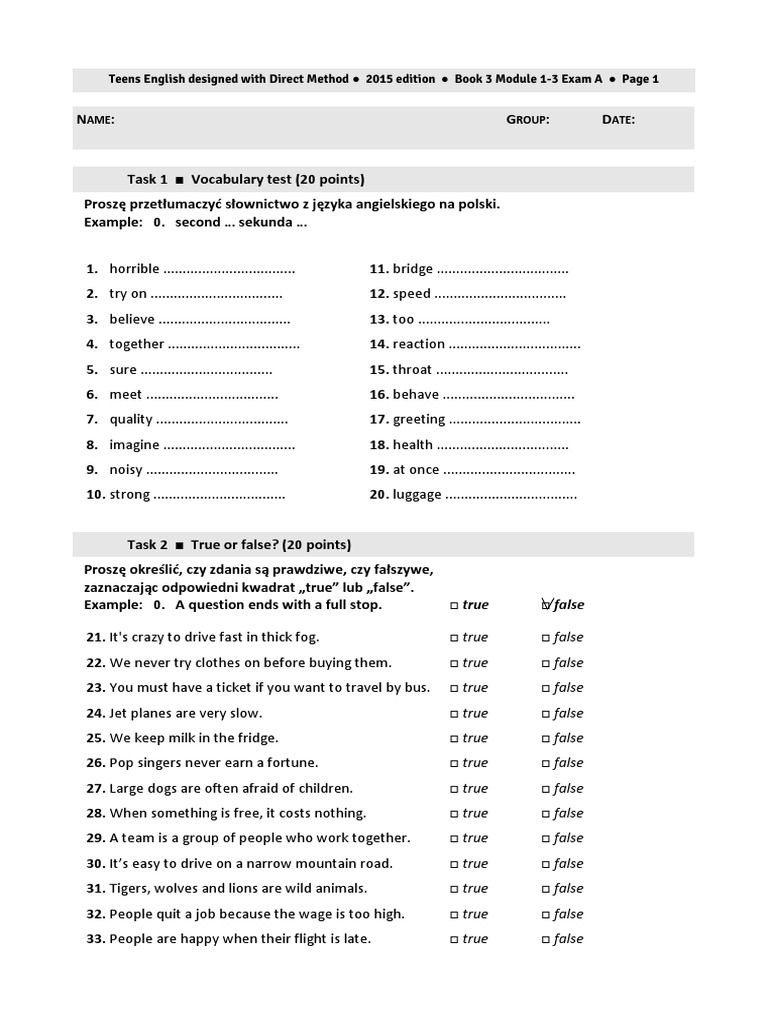 Teens Book 3 M1-3 Version A PL Exam | PDF