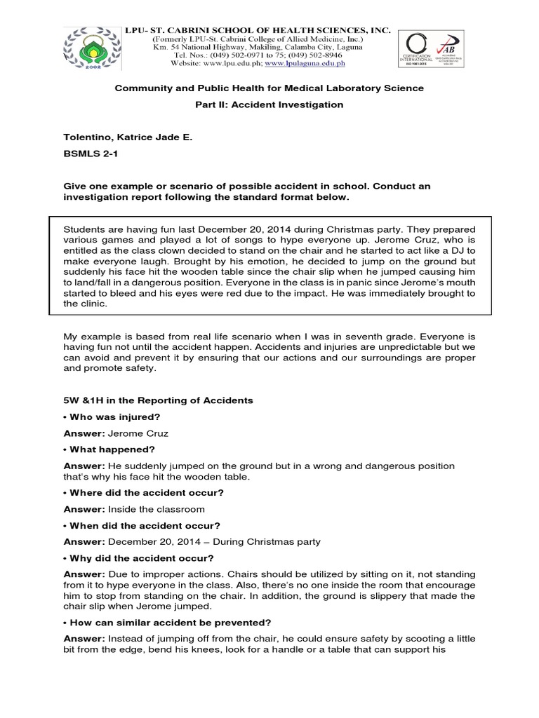 Tolentino Bsmls2 1 Part Iiaccident Investigation Pdf Self Improvement