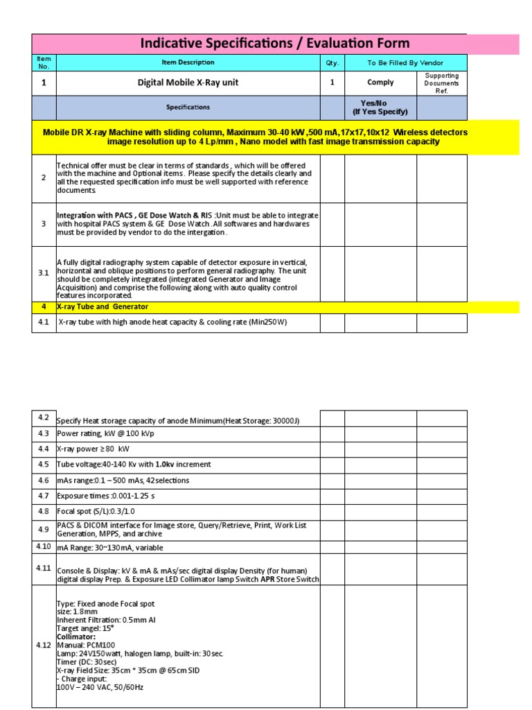 Indicative Specification For Mobile X-Ray Unit | PDF | X Ray | Pixel