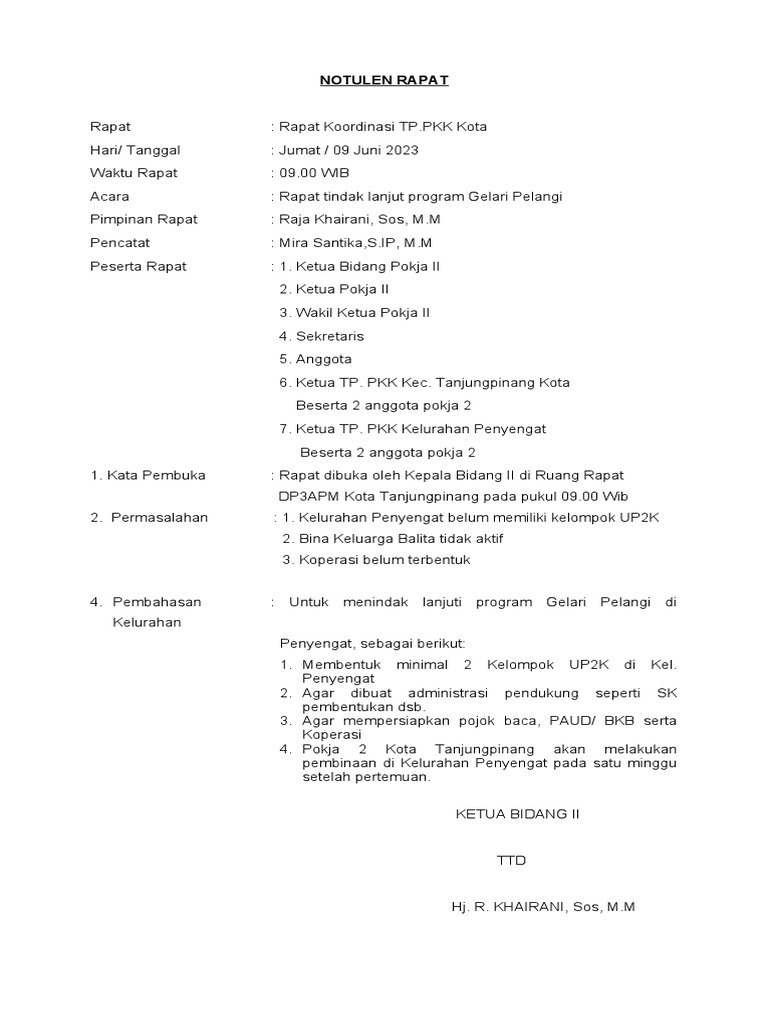 Notulen Rapat PKK 9 Juni 2023 | PDF