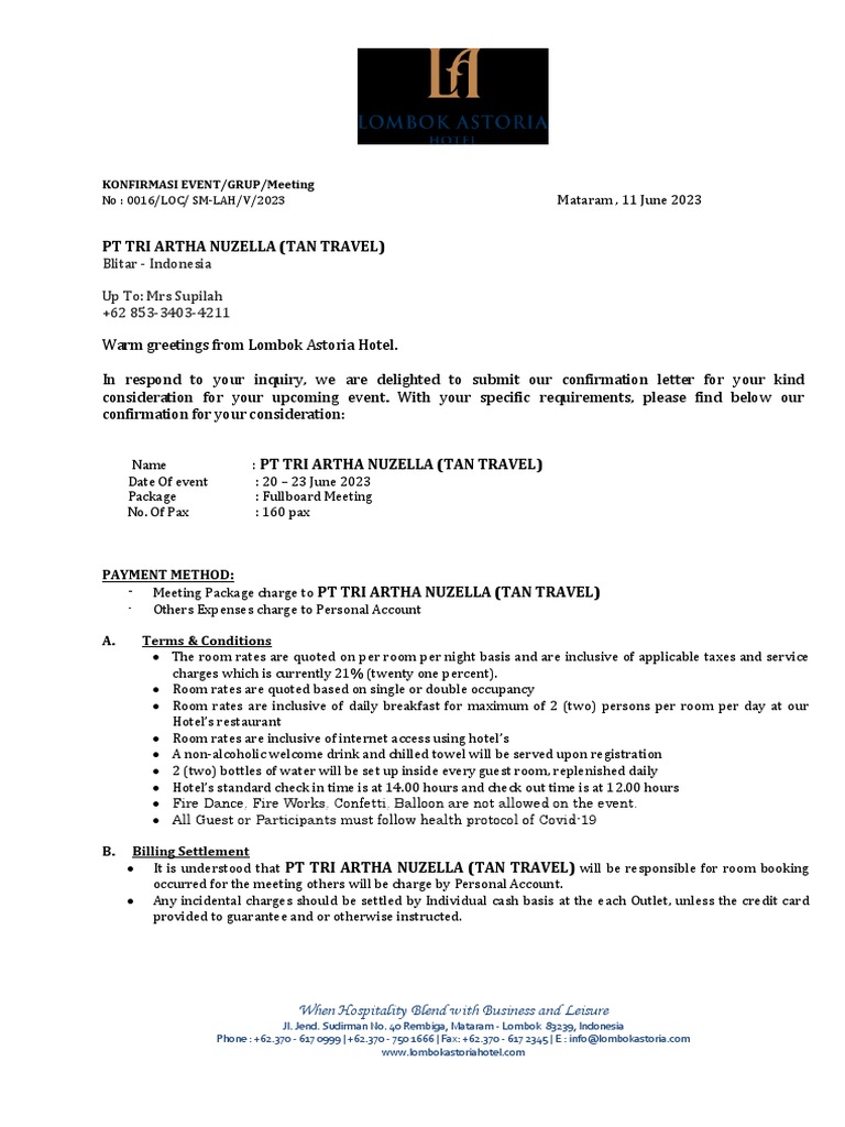Confirmation Letter PT TRI ARTHA NUZELLA (TAN TRAVEL) | PDF