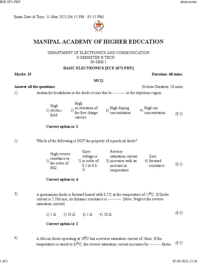 ECE 1071 PHY 11 Mar 2023 | PDF | Rectifier | Diode