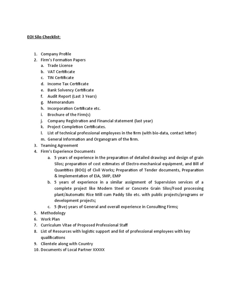 Silo (EOI) Checklist | PDF