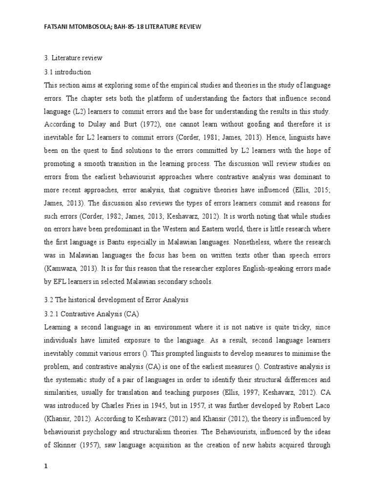 LITERATURE REVIEW FOR ERROR ANALYSIS | PDF | Second Language | Second Language Acquisition