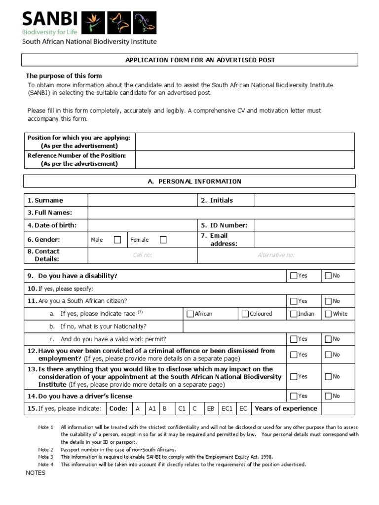SANBI Application Form | PDF | Driver's License | Government