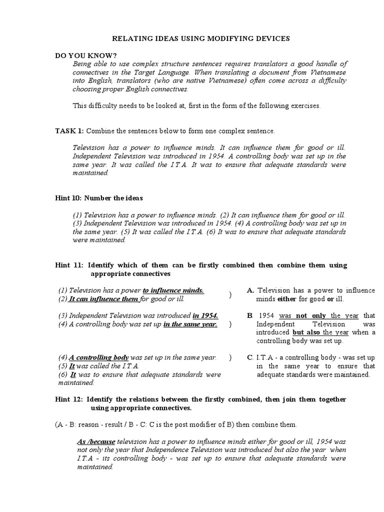 W10 - Relating Ideas Using Modifying Devices | PDF | Translations | Linguistics