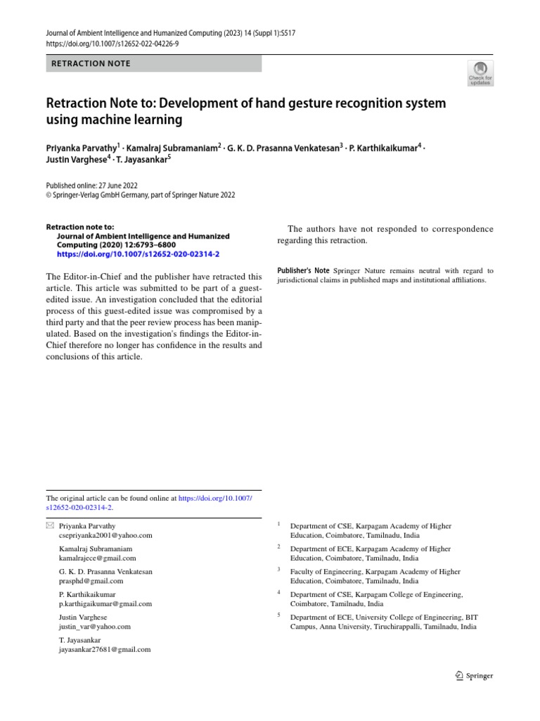Retraction Note To Development Of Hand Gesture Recognition System Using Machine Learning Pdf