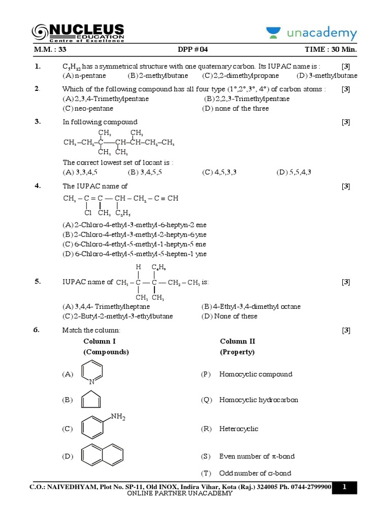 Chemistry IUPAC Naming Quiz | PDF | Atoms | Physical Sciences