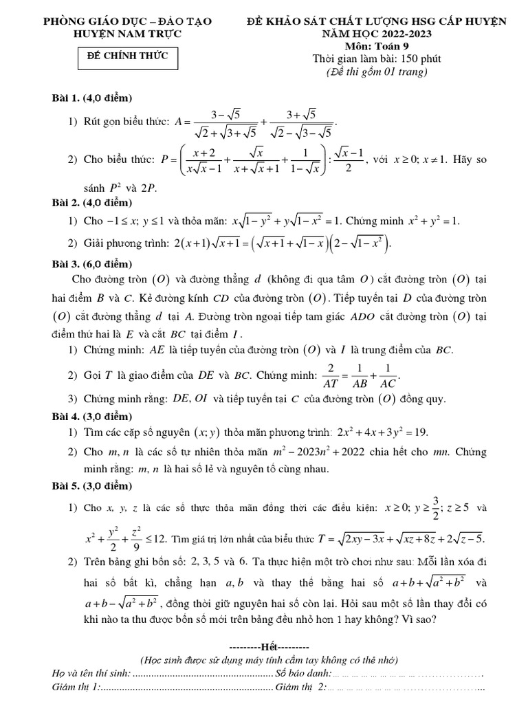 De HSG Cap Huyen Toan 9 Nam 2022 2023 Phong GDDT Nam Truc Nam Dinh | PDF