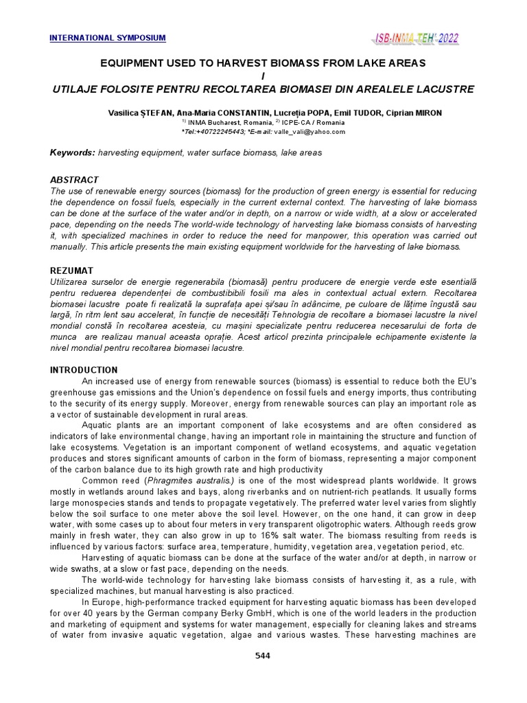 Articol ISB INMATEH - UTILAJE FOLOSITE PENTRU RECOLTAREA BIOMASEI DIN AREALELE LACUSTRE | PDF