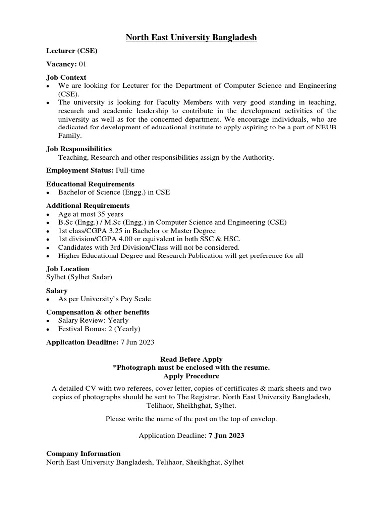 Job Circular For The Post of Lecturer (CSE) | PDF