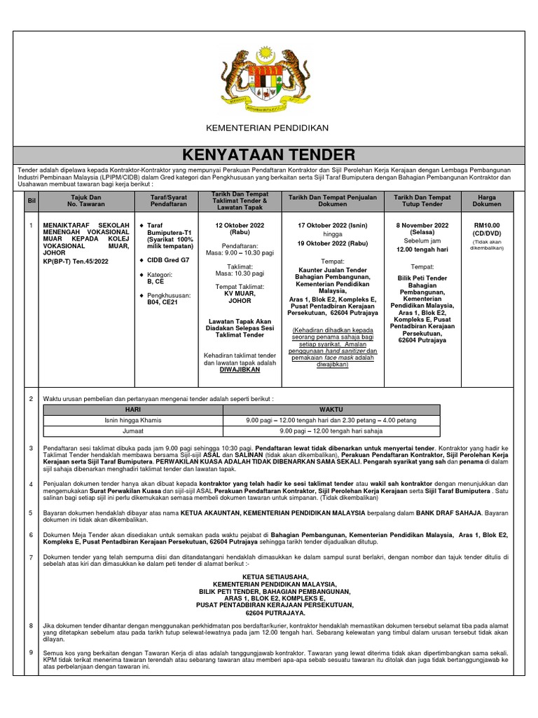 Iklan Tender Projek KV Muar - 221007 - 213302 | PDF