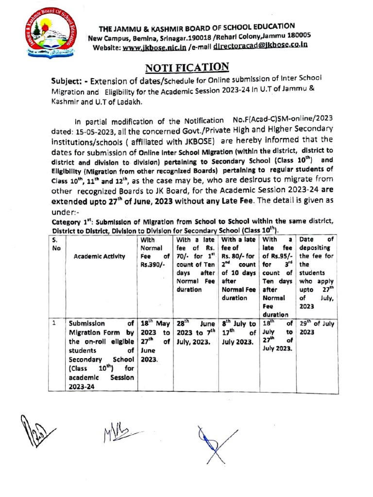 JKBOSE Migration and Eligibility Update 2023 | PDF