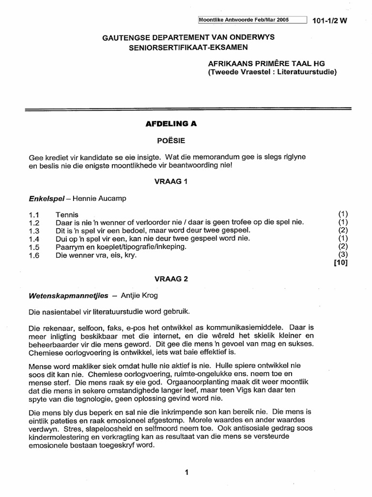 Grade 12 SC Afrikaans P2 HG Supplementary 2005 Possible Answers | PDF