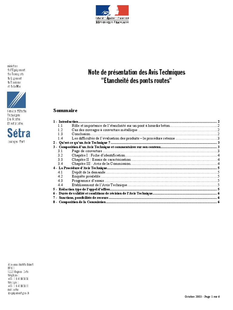 Etanchéité-Présentation Des Avis Technique SETRA | PDF