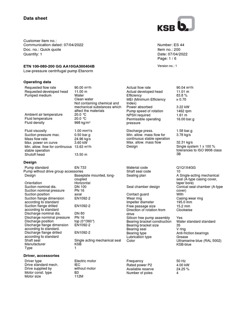 KSB ETN GM 80-200 - Domas | PDF | Pump | Bearing (Mechanical)