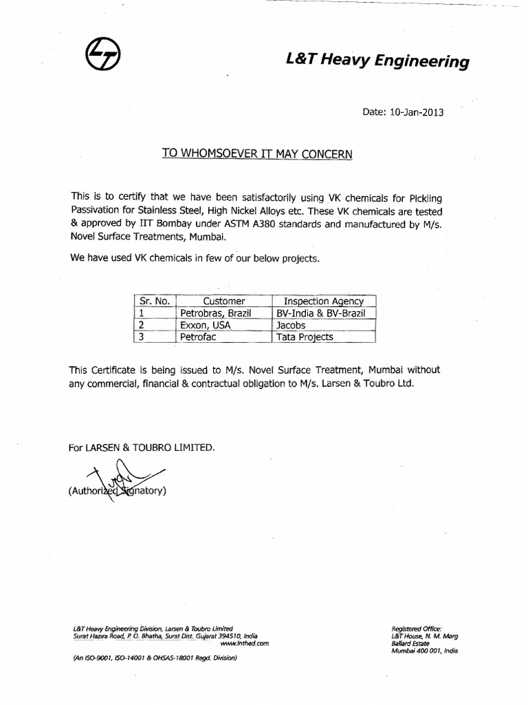 L & T Ltd. - Hazira ... Testimonial letter | PDF