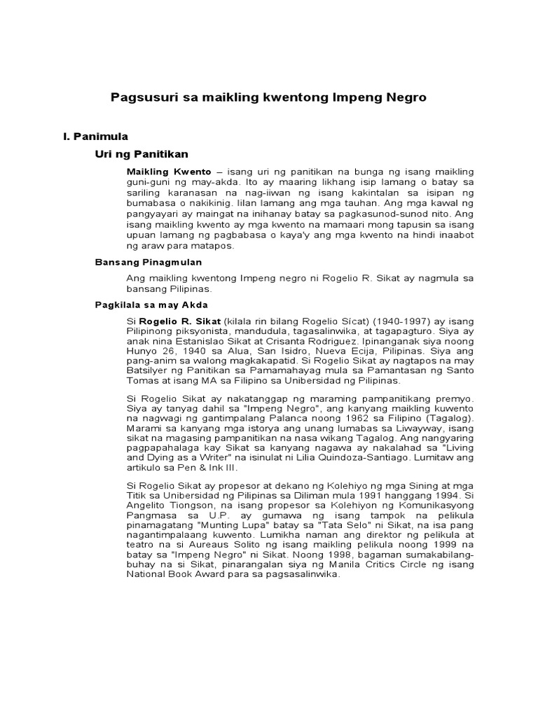 Pagsusuri Sa Maikling Kwentong Impeng Negro | PDF