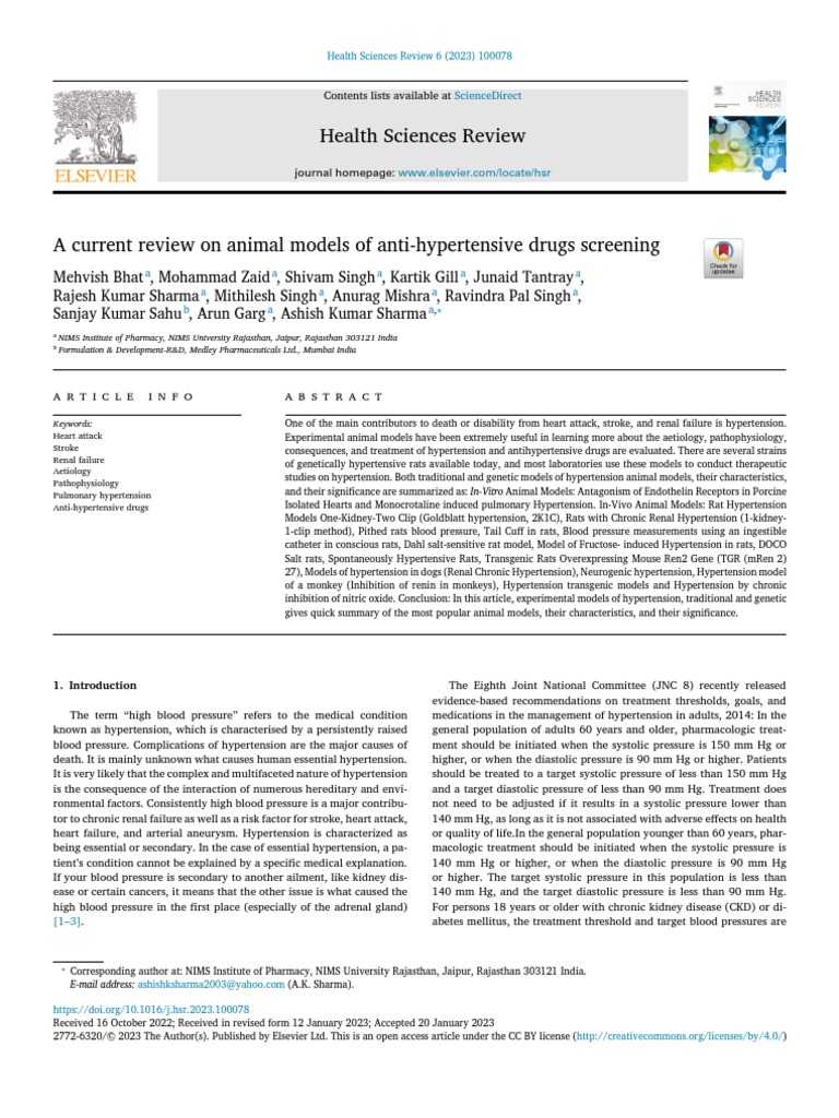 Animal Models for Antihypertensive Drug Screening | PDF | Self ...