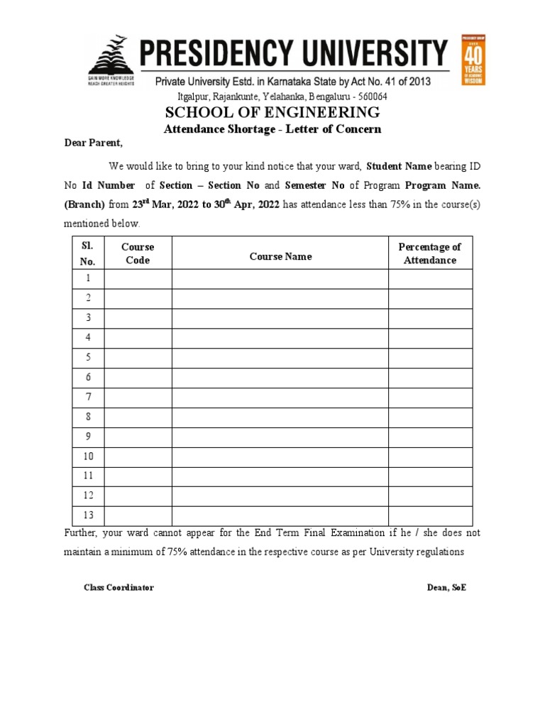 Attendance Shortage Letter Format | PDF