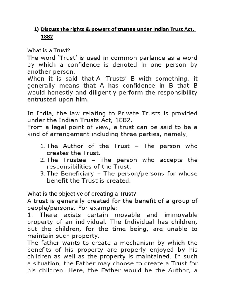 What Is A Trust?: 1) Discuss The Rights & Powers of Trustee Under Indian Trust Act, 1882 | PDF ...