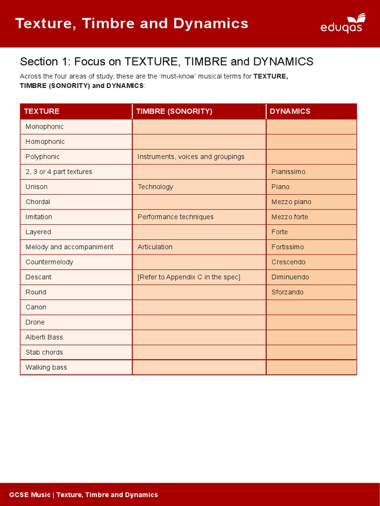 Eduqas 05 Texture Timbre and Dynamics Answers | PDF | String Instruments | Johann Sebastian Bach