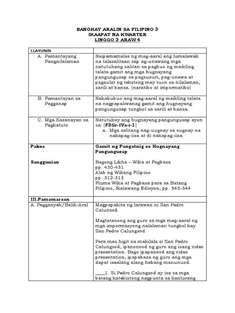Banghay Aralin Sa Filipino 3 - Q4 - W3 - D4 | PDF