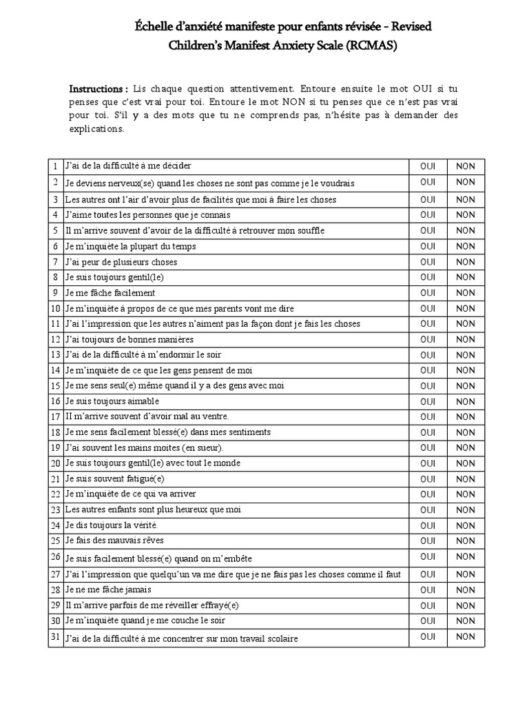 Echelle D - Anxiete Manifeste Pour Enfant R CMAS | PDF