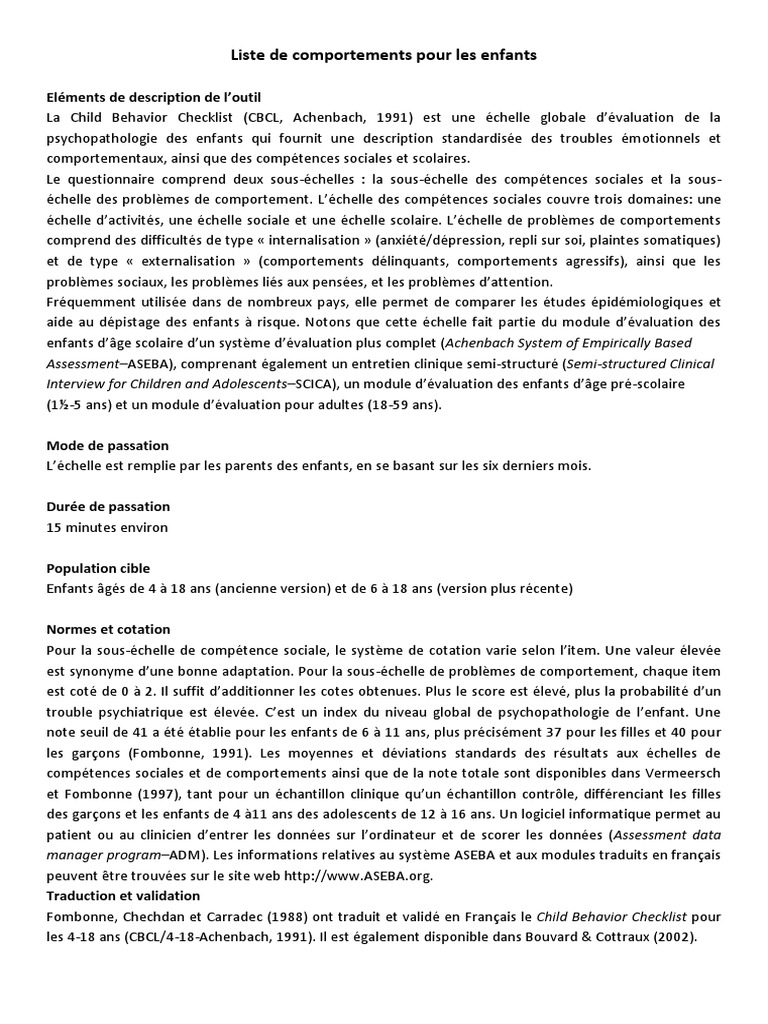 CBCL Child Behavior Checklist Achenbach | PDF | Psychopathologie ...