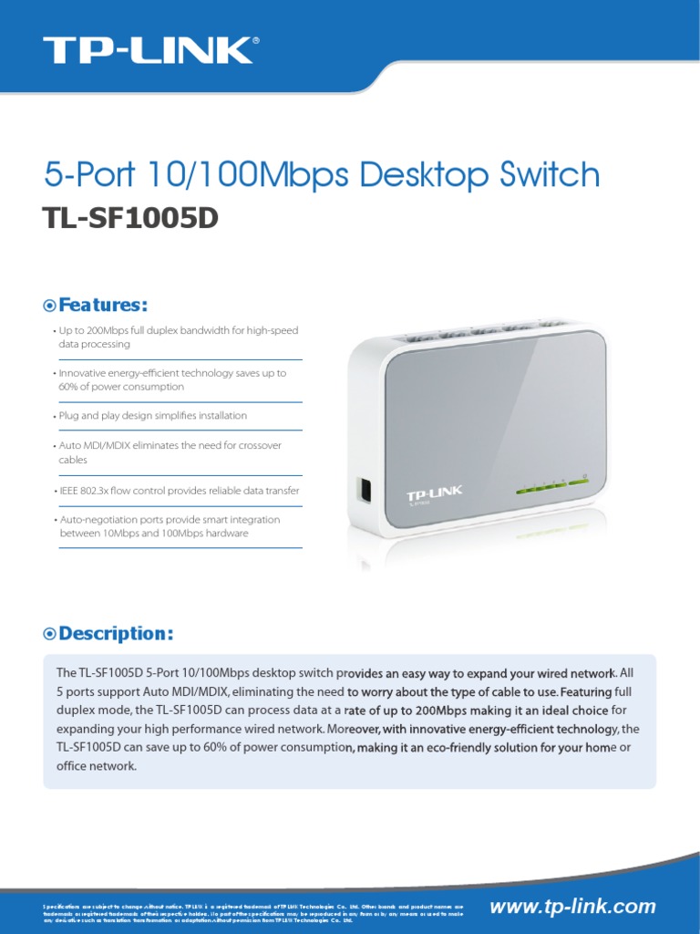 TP Link 5 Port 10 100mbps Desktop Switch TL sf1005d Hoja de Datos | PDF | Network Switch ...