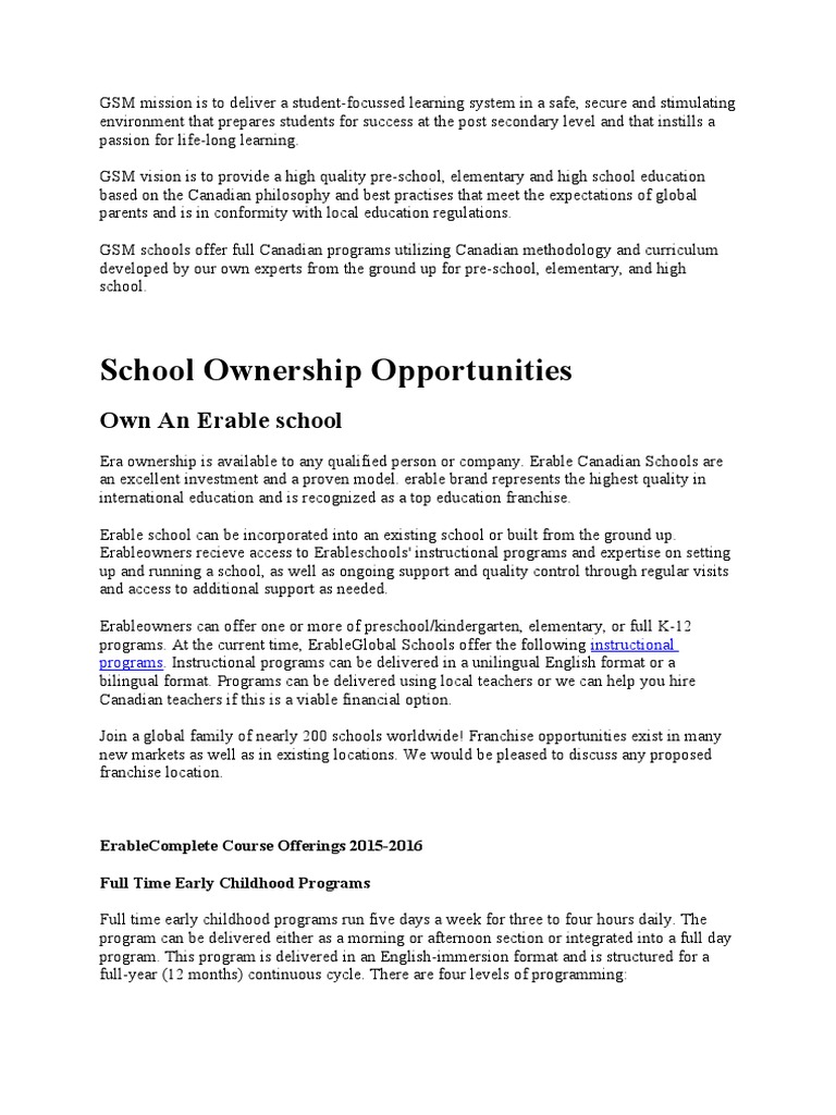 School Ownership Opportunities: Own An Erable School | PDF | Preschool ...