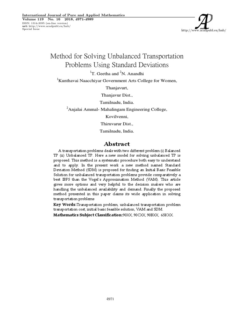 Method For Solving Unbalanced Transportation Problems Using Standard Deviations | PDF ...