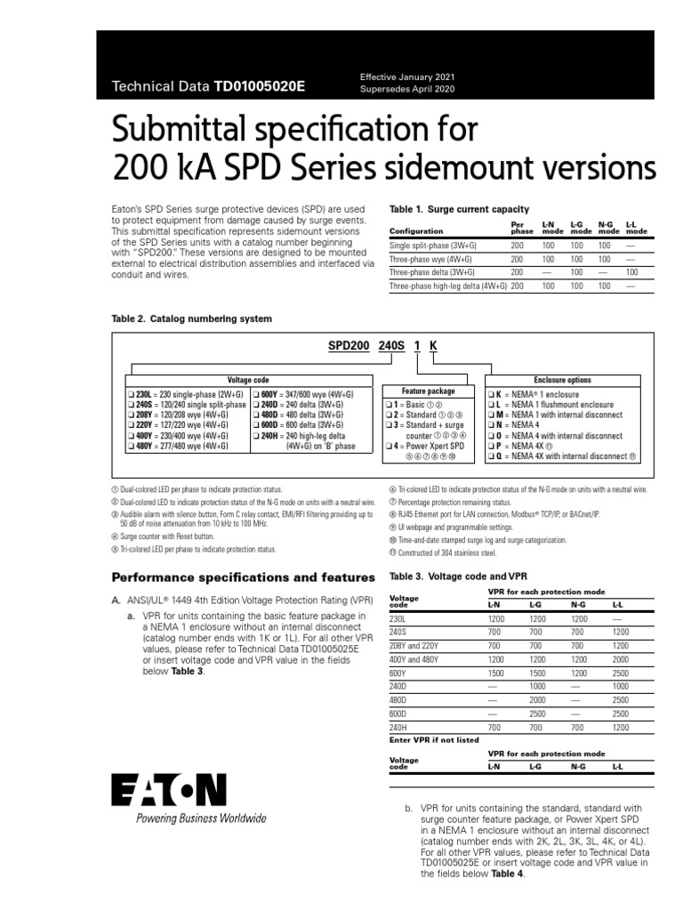 Eaton SPD Sidemounted 200ka Submittal Specs TD01005020E | PDF