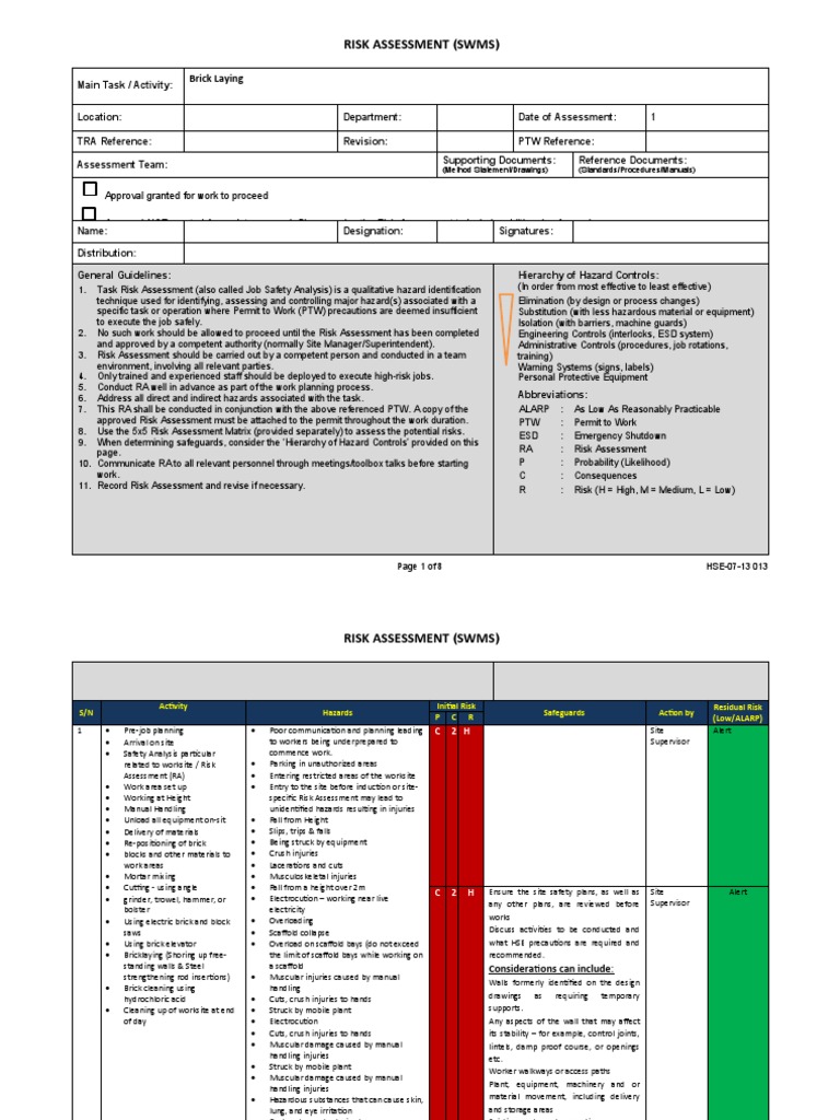 Brick Laying Risk Assessment (SWMS) | PDF | Risk Assessment | Risk