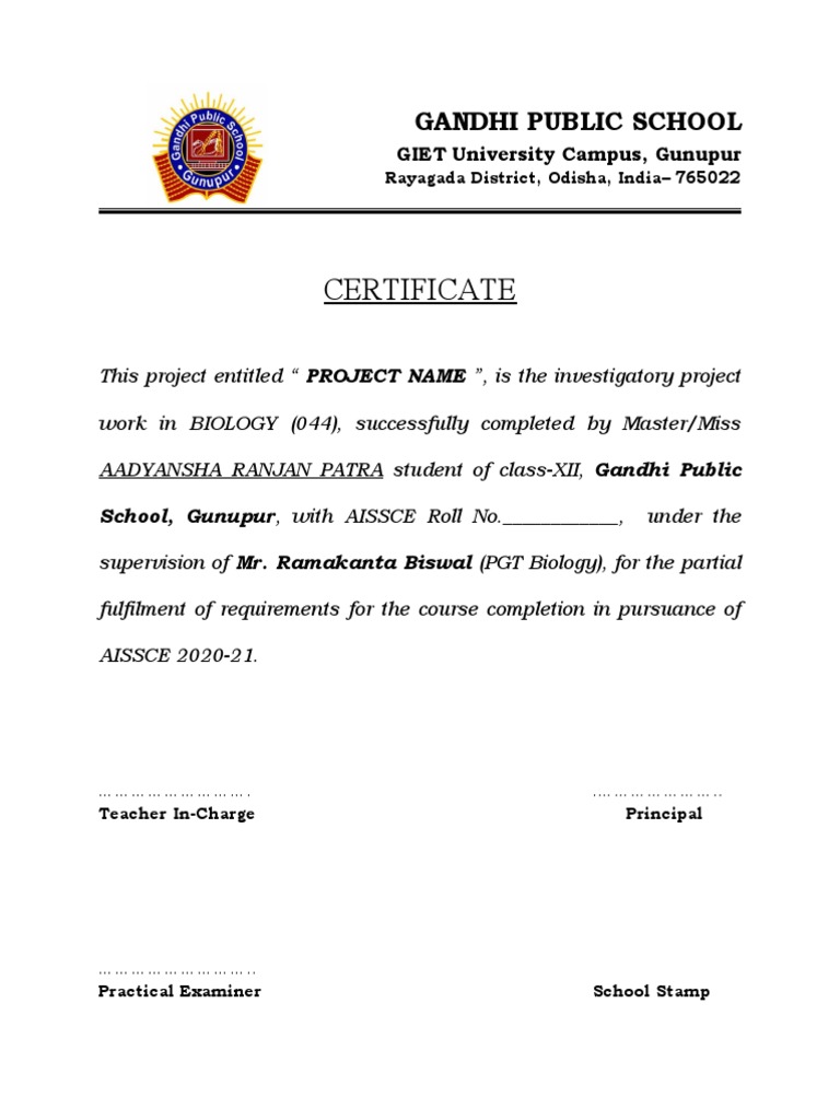 Biology Project Certificate - Class XII | PDF