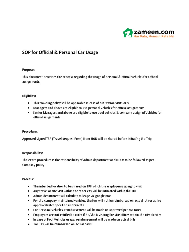 SOP For Official & Personal Car Usage | PDF | Fuel Economy In ...