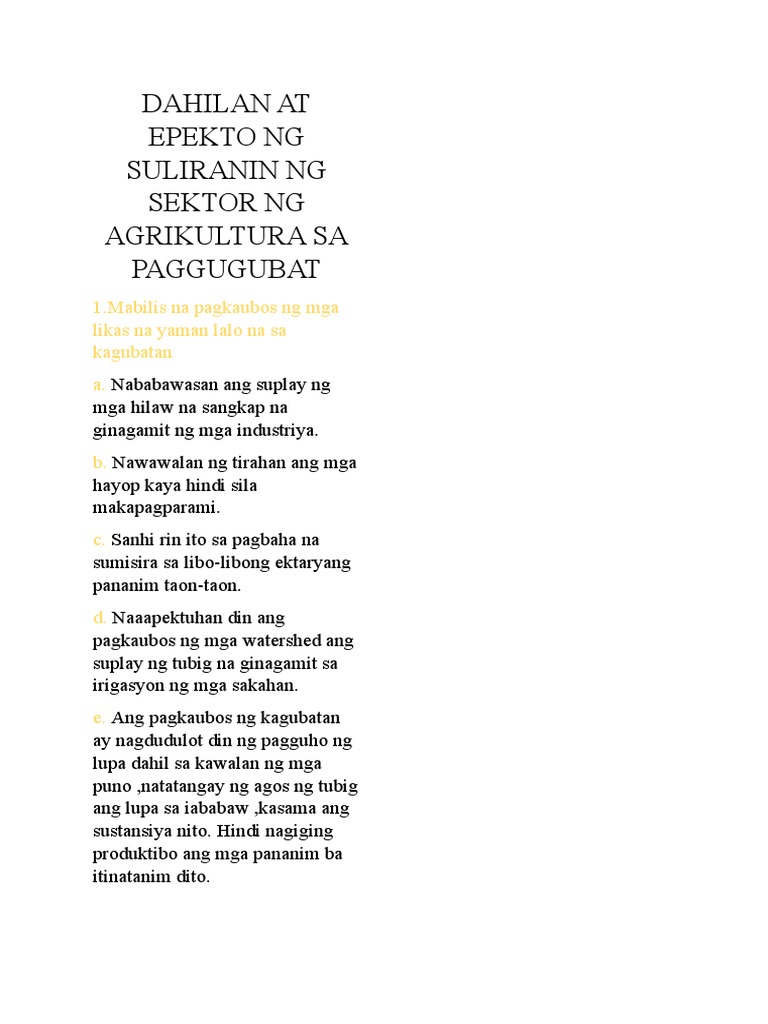 Dahilan at Epekto NG Suliranin NG Sektor NG Agrikultura Sa Paggugubat | PDF Dahilan at Epekto NG Suliranin NG Sektor NG Agrikultura Sa Paggugubat | PDF