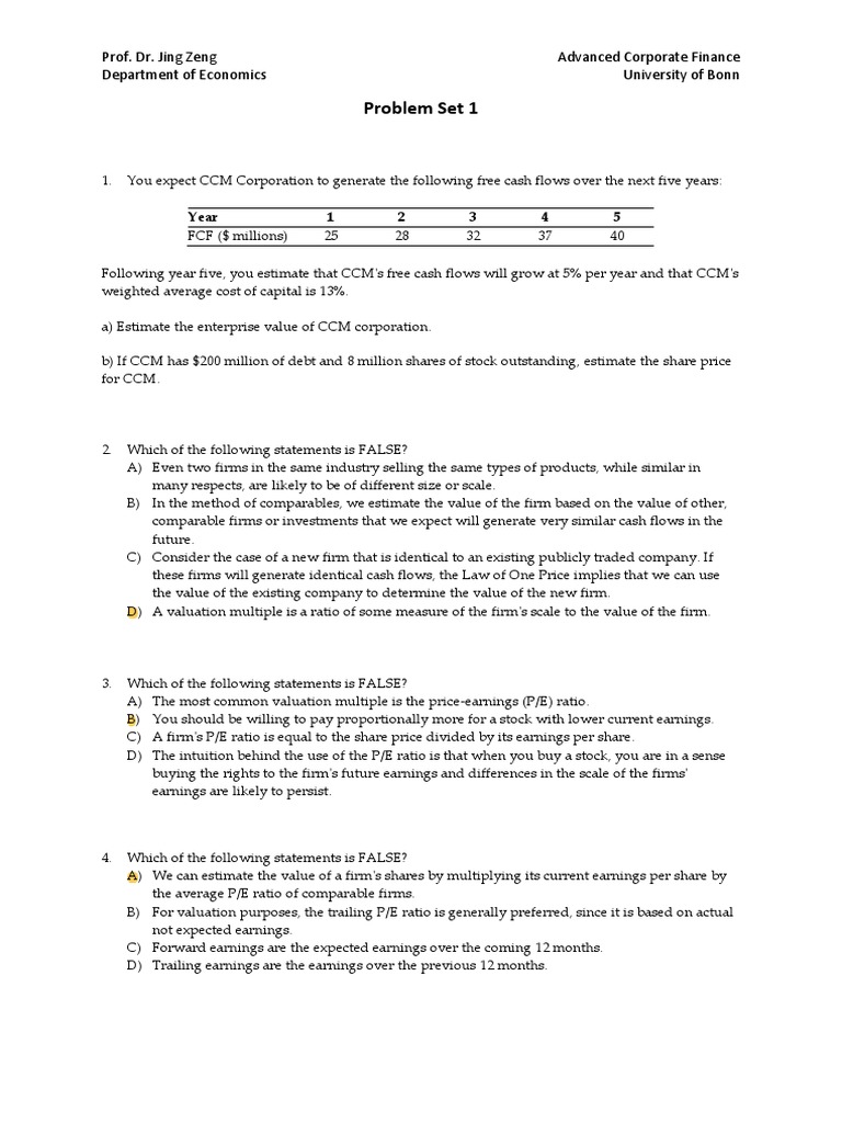 Problem Set 1 Pdf Cost Of Capital Valuation Finance