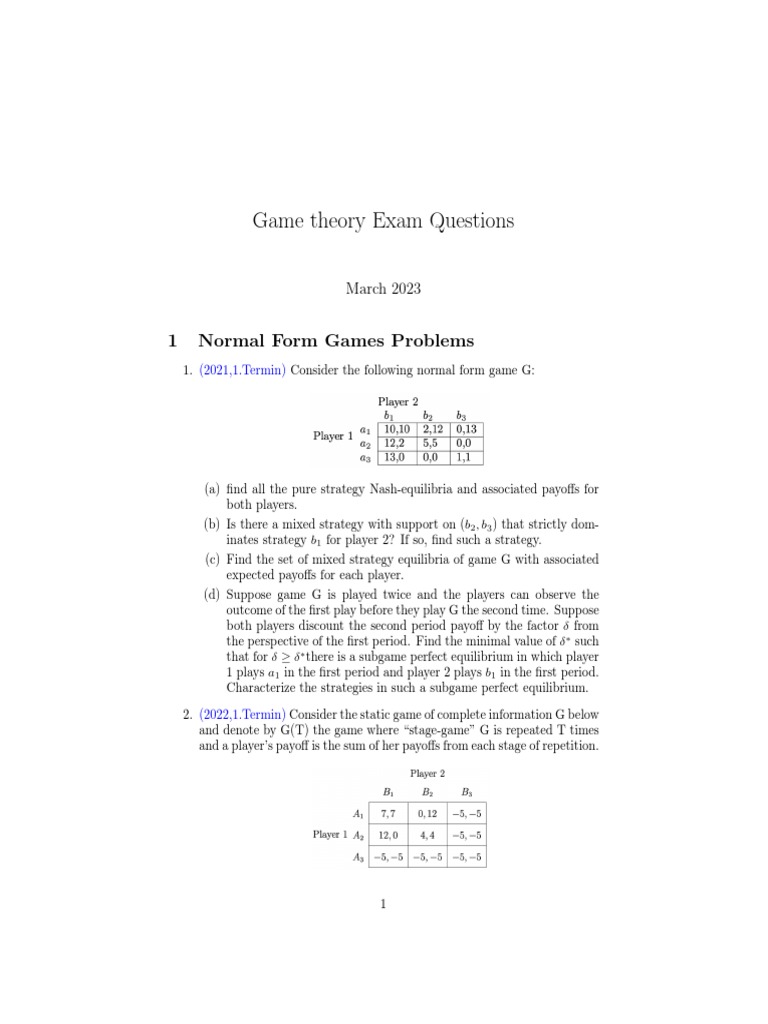 Game Theory Exam Questions | PDF | Quantitative Research | Microeconomics