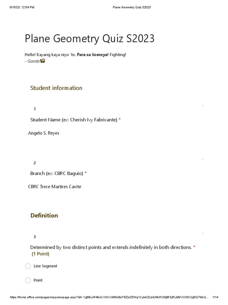 Plane Geometry Quiz S2023 | PDF | Triangle | Area