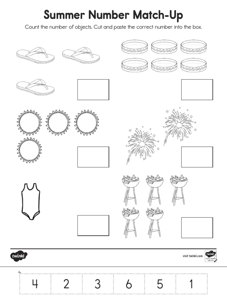 Summer Number Match-Up Worksheet Black and White | PDF