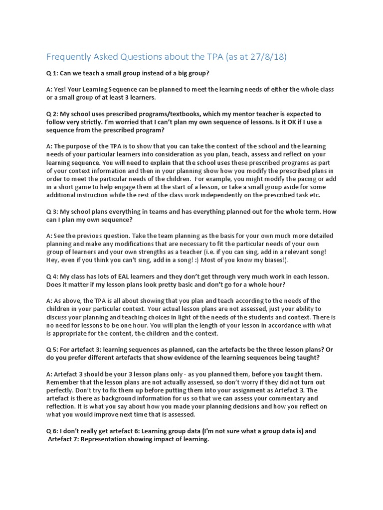 Frequently Asked Questions about the TPA | PDF | Lesson Plan | Learning