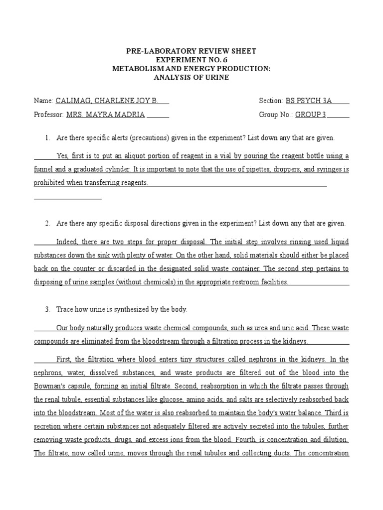 Pre-Laboratory Review Sheet Experiment No. 6 Metabolism and Energy ...
