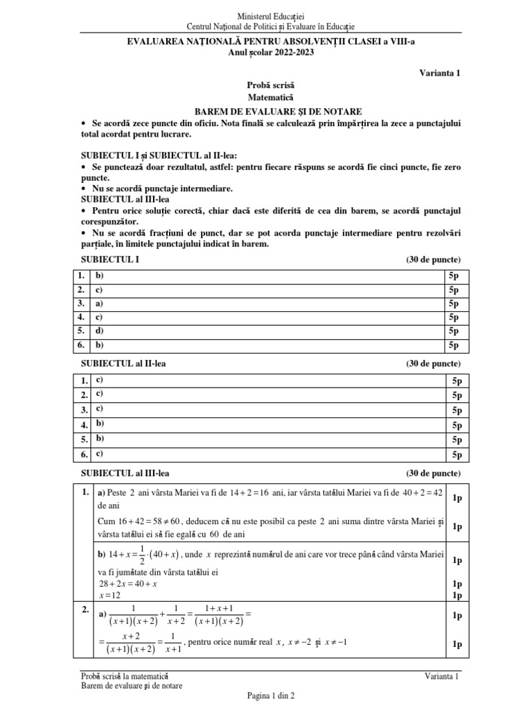 Barem - Rezolvare Subiect Matematică - 21 Iunie 2023 | PDF
