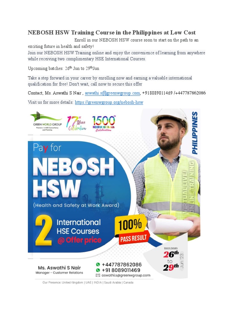 NEBOSH HSW Training Course in The Philippines at Low Cost | PDF | Business