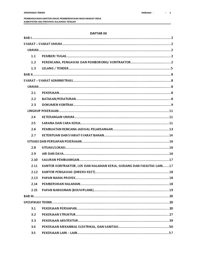 Spesifikasi Teknis Perencanaan Kantor Dinas PMD Kabupaten Sigi | PDF